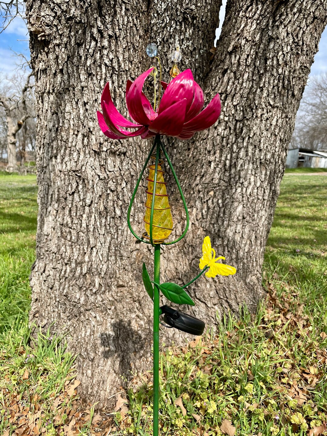 SPINNING SOLAR FLOWER Garden Stake 36" Tall - Magenta Pink Flower ...