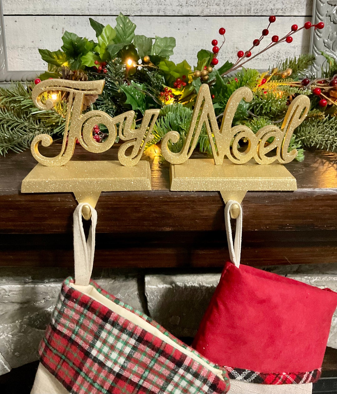 Gold JOY or NOEL Stocking Hangers Metal Mantel Stocking Holders ...