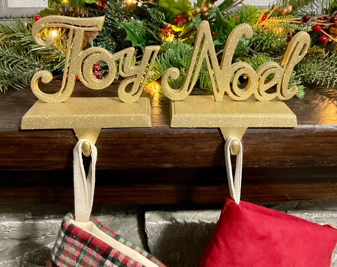 Gold JOY or NOEL Stocking Hangers - Metal Mantel Stocking Holders ...