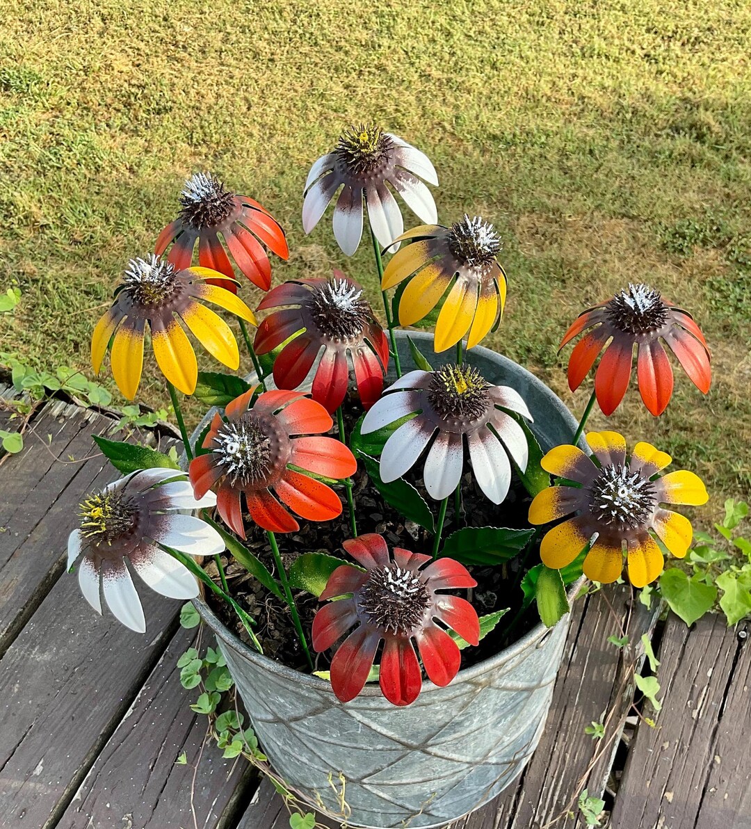 17" Metal CONEFLOWER Garden Stake / Orange Red White Yellow Metal ...