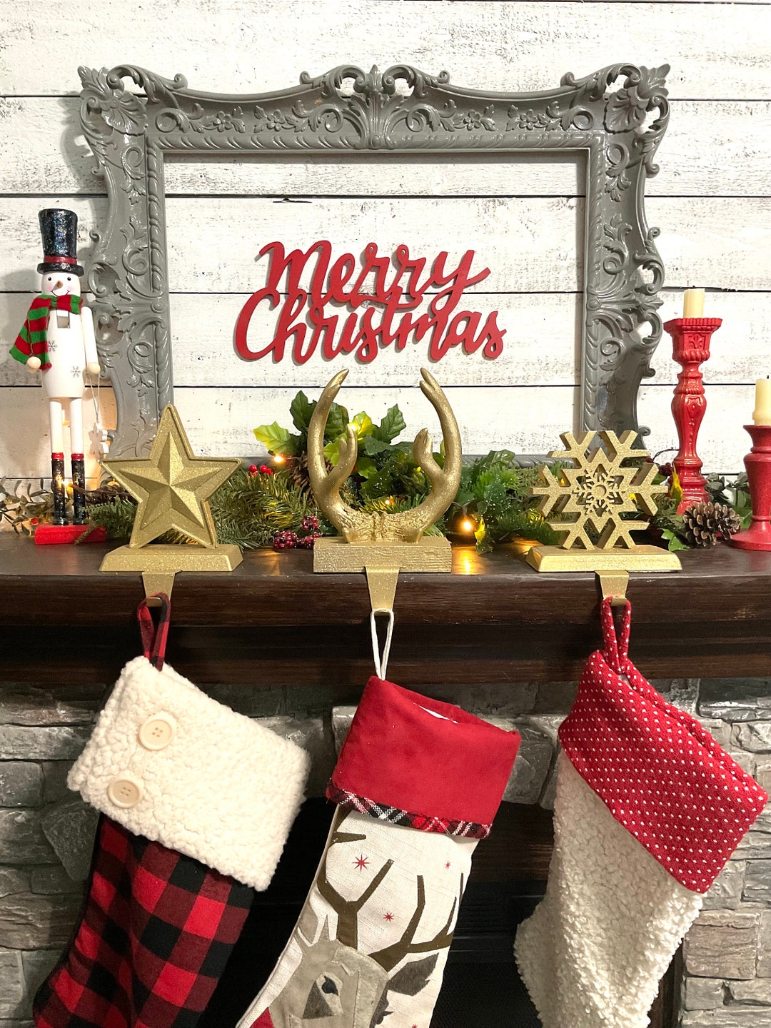 3 Chunky Gold Stocking Holders, Antlers-snowflake-star Stocking Hangers ...