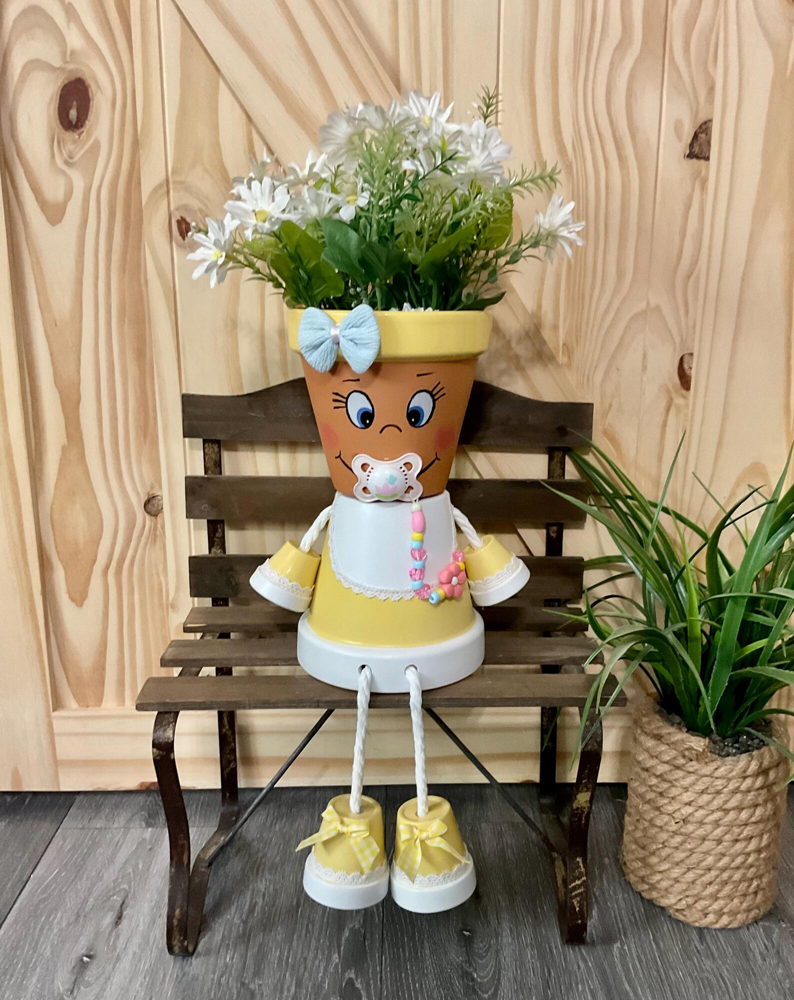 Clay Pot People Planter 'BABY ROSEBUD' / Large Yellow & White Whimsy ...