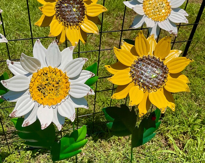 SUNFLOWER JOY Garden Stake 25" X 6" - Hand Painted Yellow Metal Flowers ...