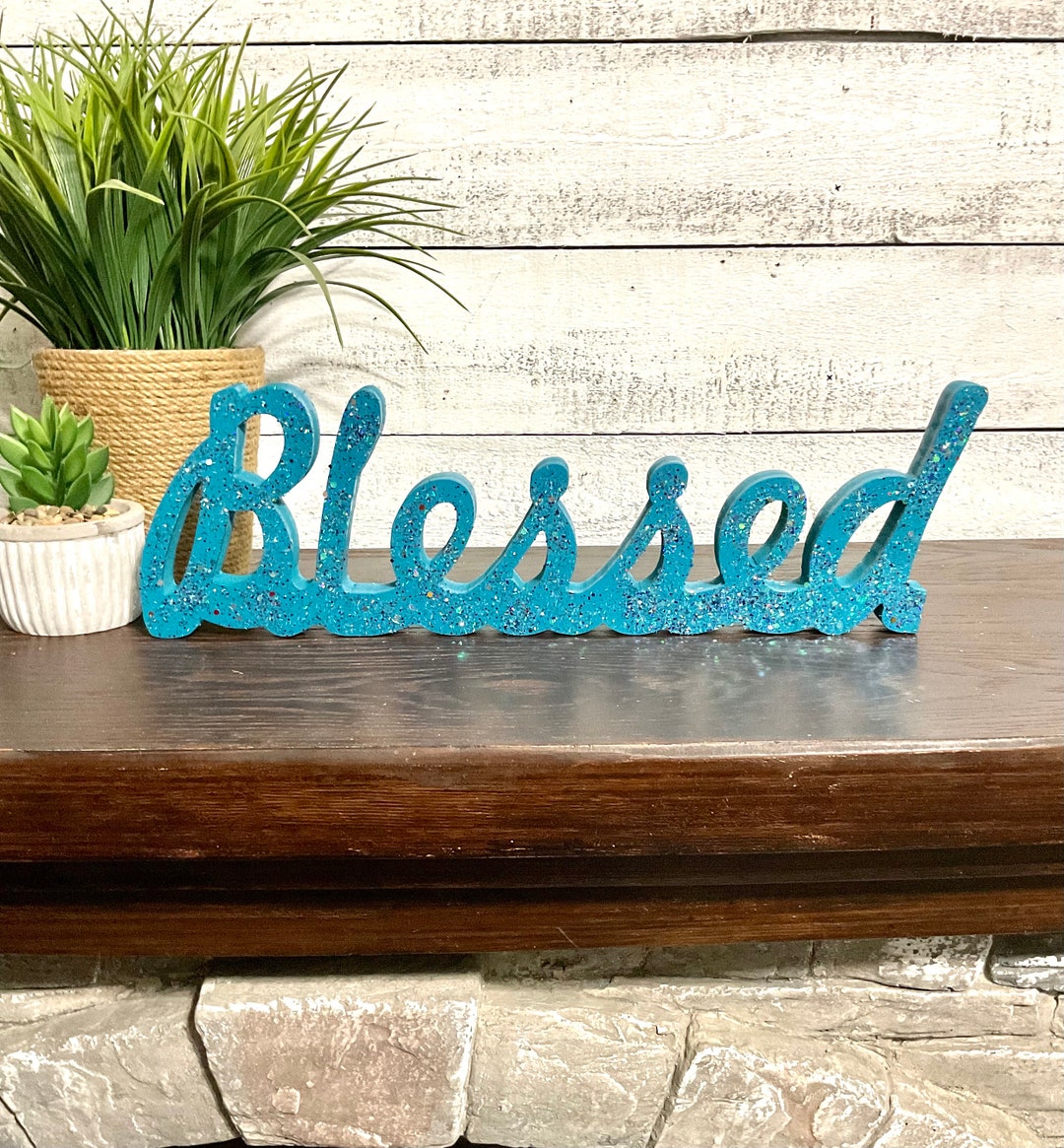 Teal Blue BLESSED Wooden Word Runner Sign Shelf Sitter 15" Long, Chunky ...