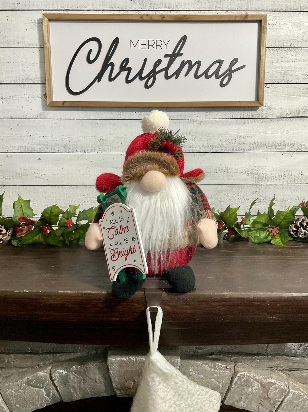 CHESTER NUTS Fabric Gnome Stocking Holder 11"/earflap Cap Gnome Holding ...