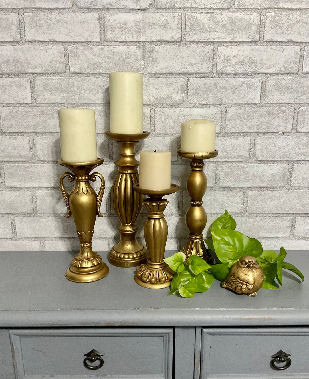 Antique Gold Pillar Candle Holders Set of 4 Baroque Ornate Raised ...