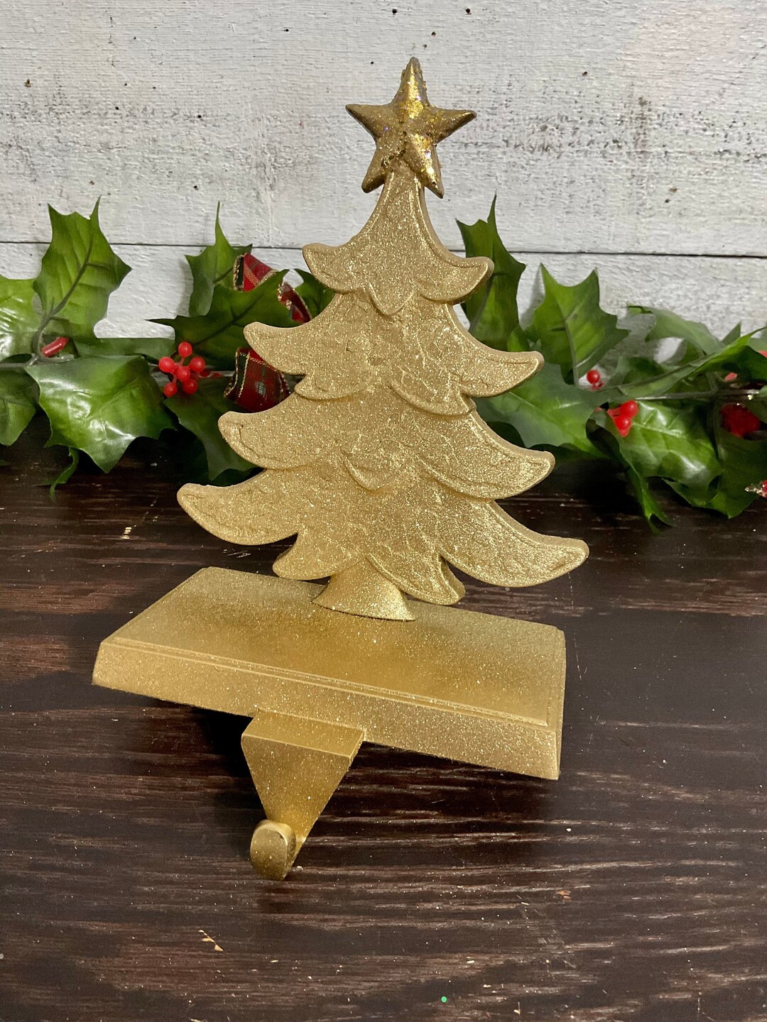 Gold Christmas Tree With a Star Stocking Holder, Shimmery Gold Mantel ...