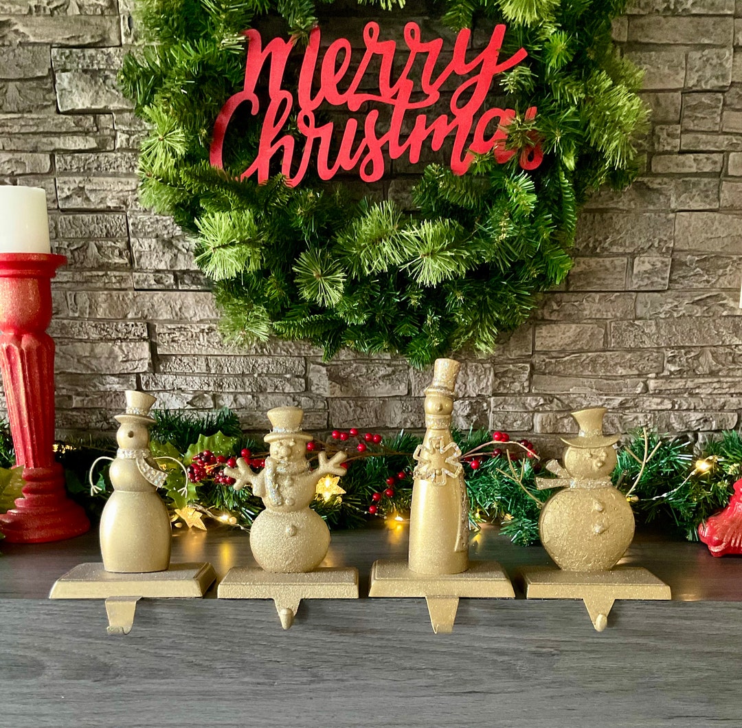 4 Fun Snowman Stocking Hangers, Glistening & Glittery Gold Mantel ...