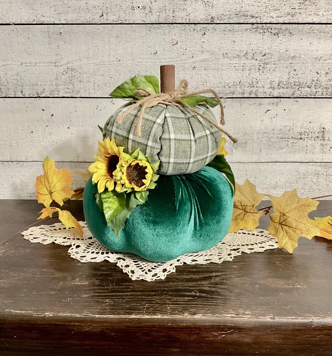 Double Stacked Fabric Pumpkin Table Top Fall Decor - Jade Green Pumpkin ...