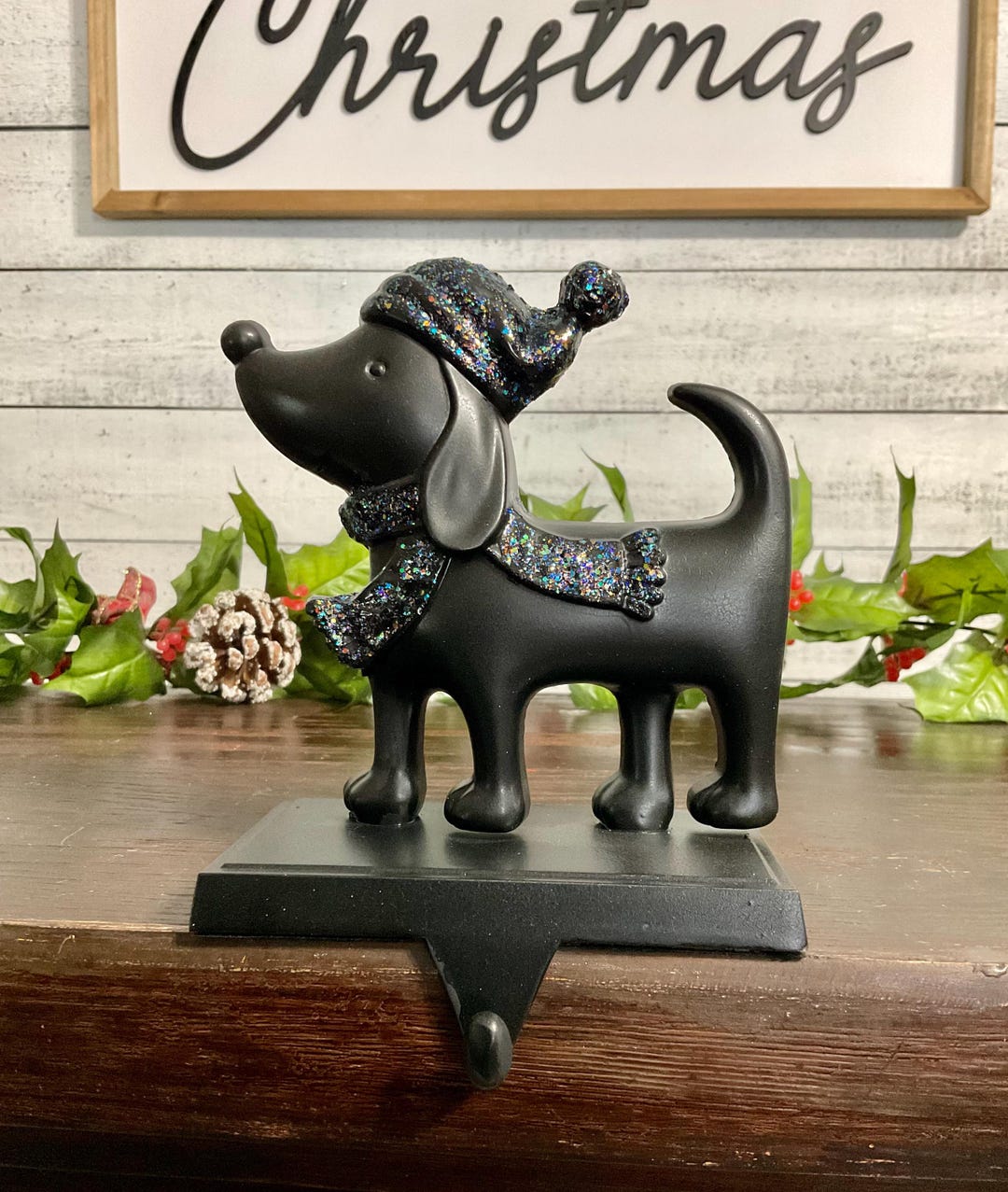 Glittery BLACK DOG Stocking Holder, Fur Baby Christmas Stocking Hanger ...