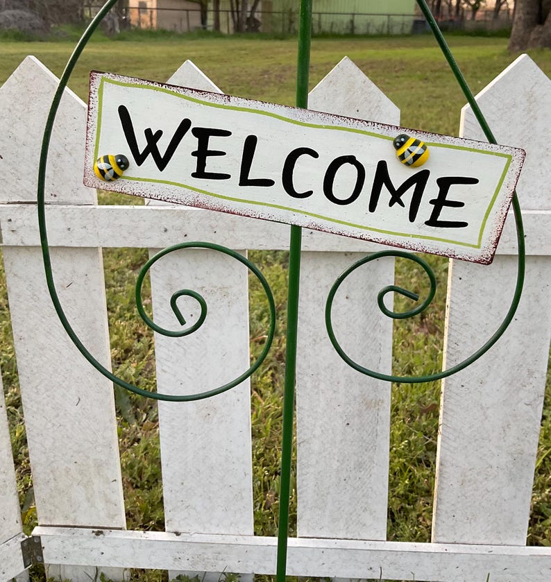 Metal Ribbon Flower W/welcome Sign Yard Stake 36" / Lime Green Flower ...