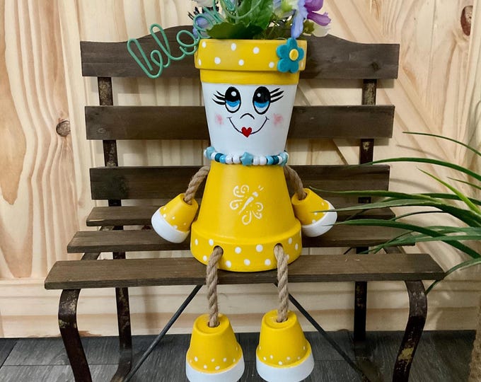 Clay Pot People Planter 'FERN POTTER' With Plant Stake / Medium Yellow ...