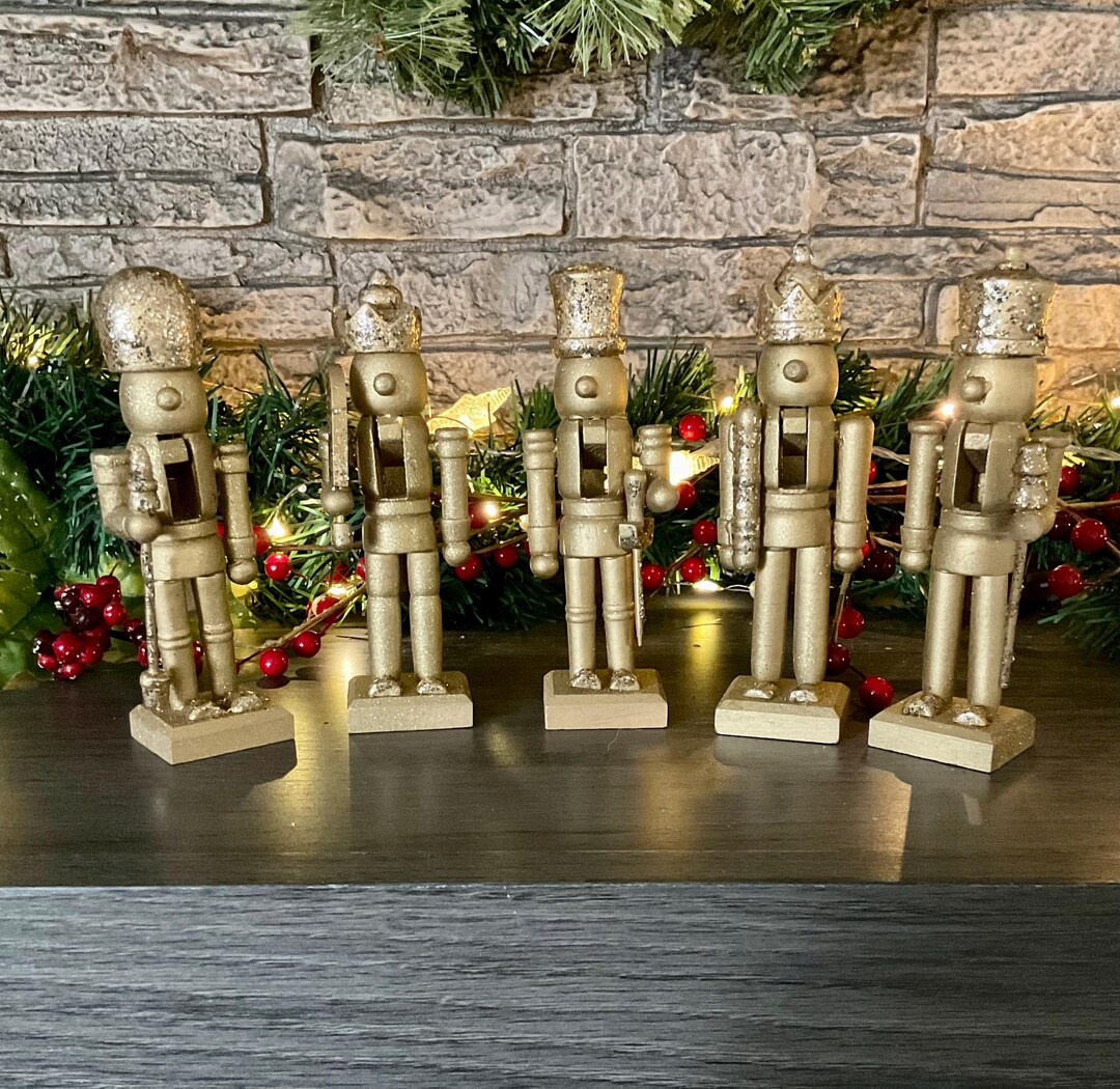 6 Wood Soldier Nutcrackers 5 Tall/hand Painted Sparkly Gold Wood Christmas Nutcrackers, Table ...