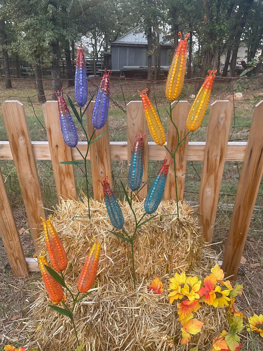 Variegated Triple Corn Garden Stake - Mesh Wire Cornstalk Fall ...