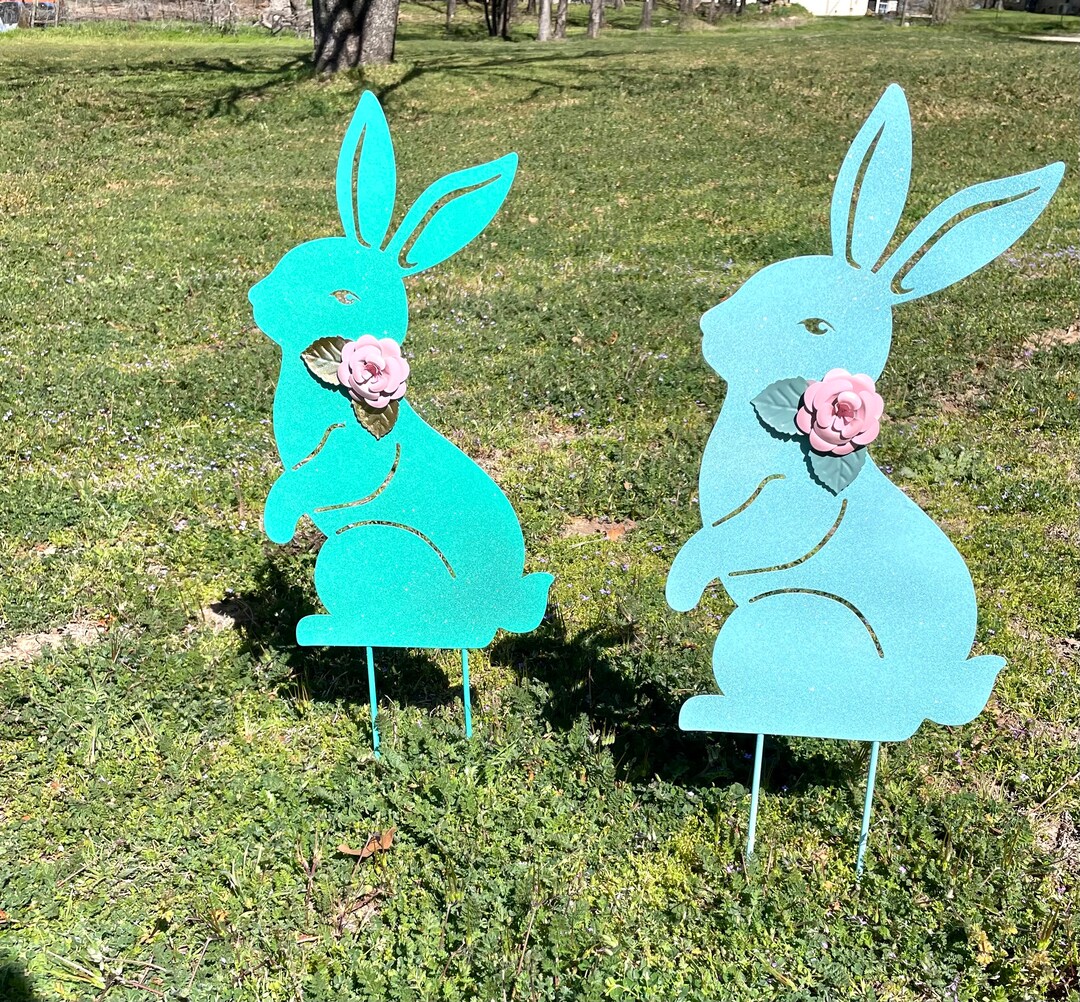24" Silhouette Shimmery Bunny Yard Stakes - Pink Turquoise Blue Metal ...