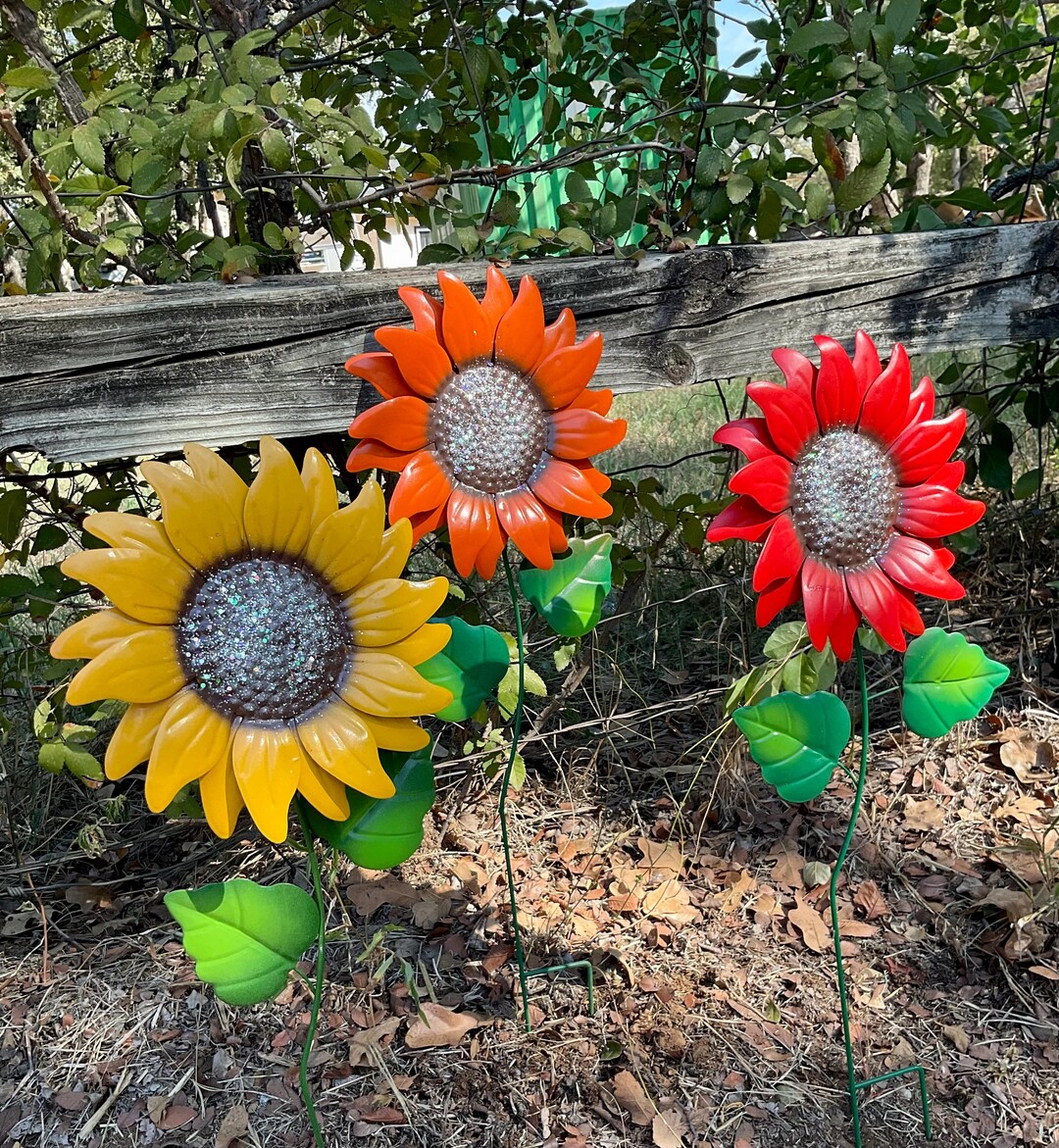 24" Set of 3 Sunflower Garden Stakes - Hand Painted Red Orange Yellow ...