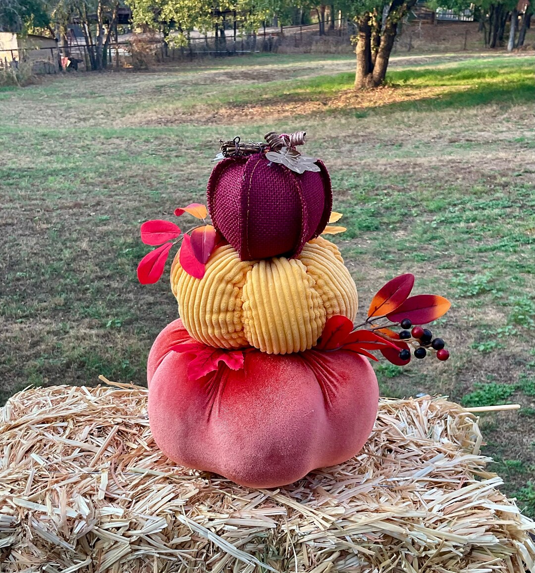 Triple Stacked Fabric Pumpkin Table Top Indoor Fall Decor 13 High ...