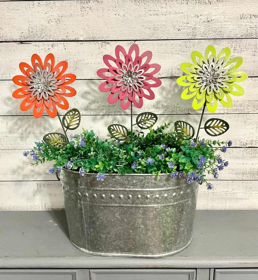 Set of 3 Wiggly Flowers on a Spring Flower Pot Stakes - Orange Pink ...