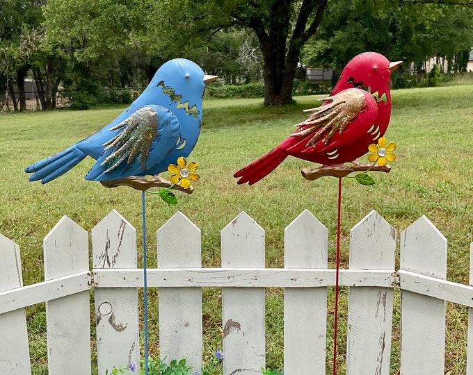 Bird on a Branch Yard & Garden Stake 30" High - Red Bird or Blue Bird ...