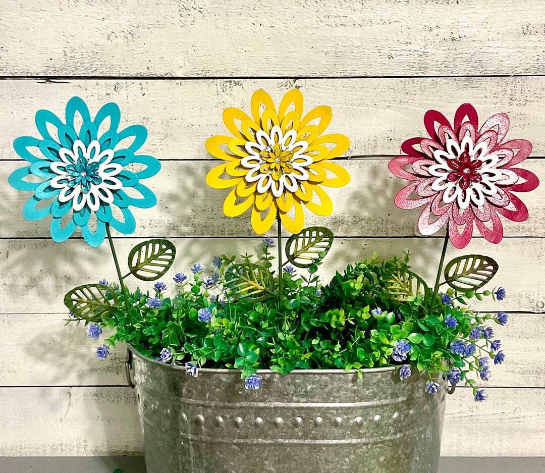 Set of 3 Wiggling Flowers on a Spring Flower Pot Stakes / Blue Yellow ...