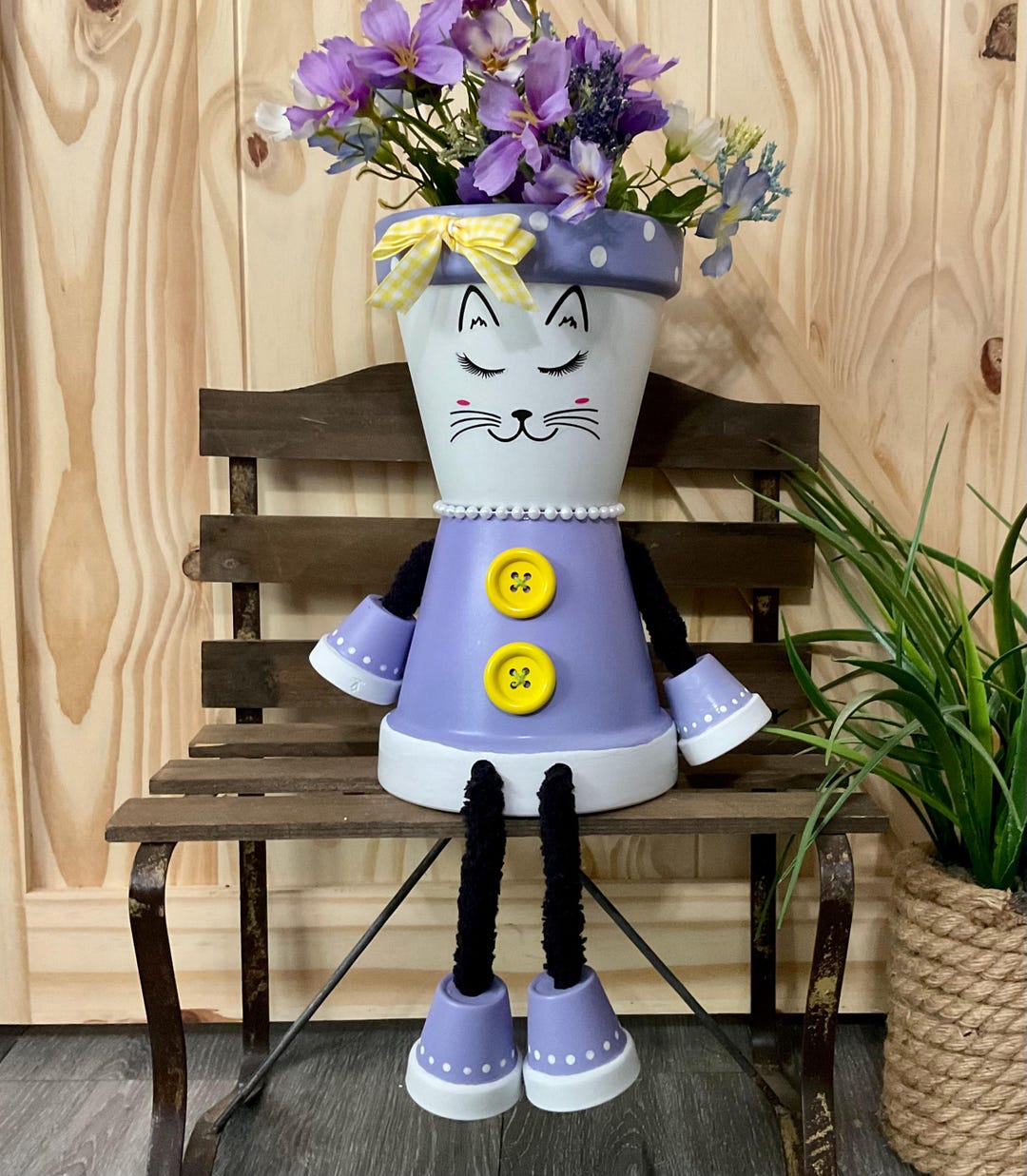 Clay Pot Cat Planter: 'tilly' Lavender Whimsy Flower Pot - Etsy