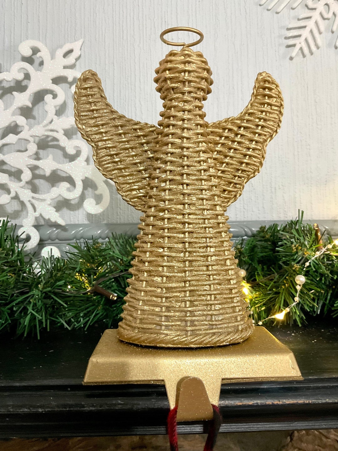 Shimmery Gold Angel Stocking Holder 9" Tall, Basket Weave Texture ...
