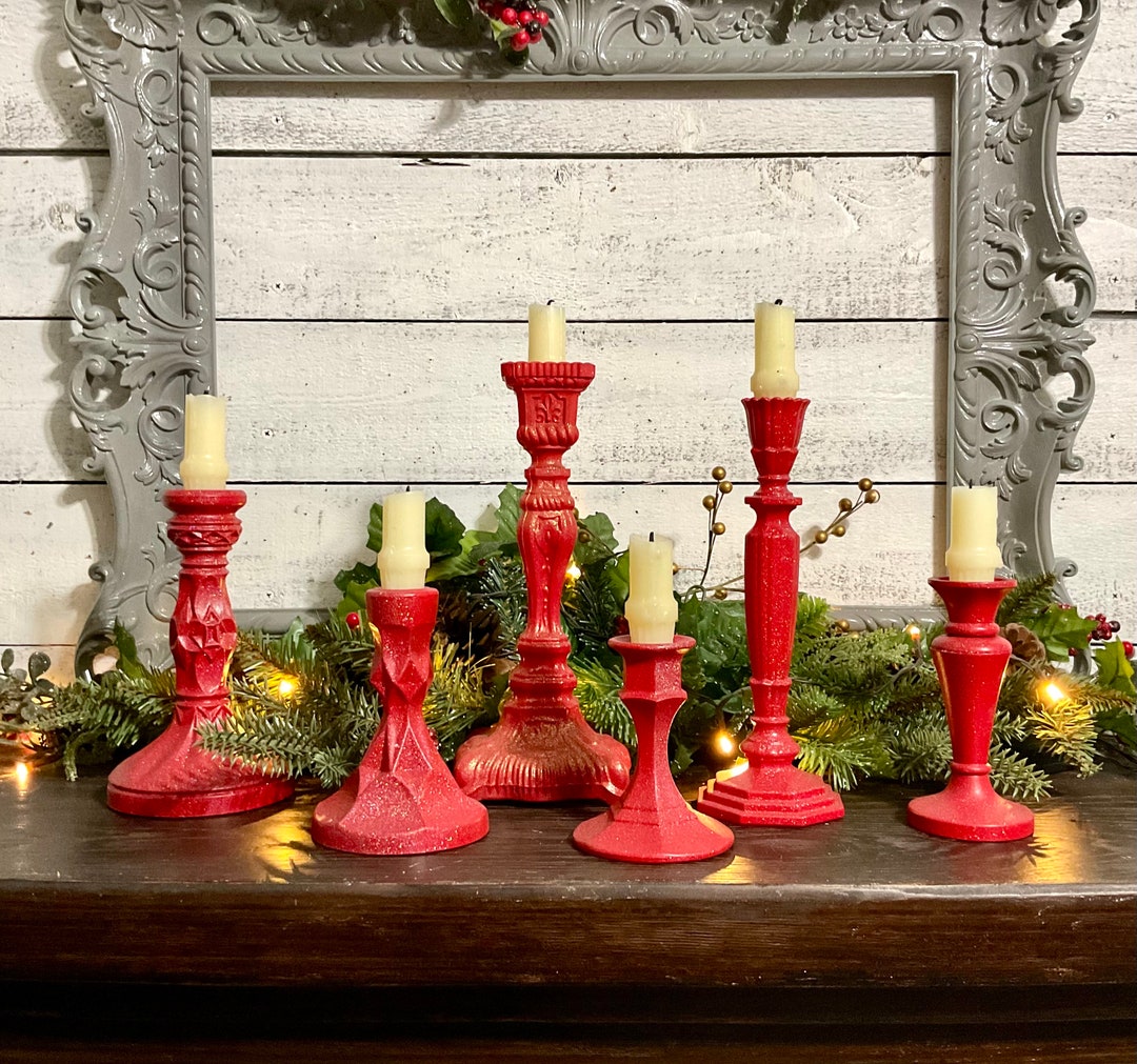 Set of 6 Glistening Red Taper Candle Holders Eclectic Christmas Red ...