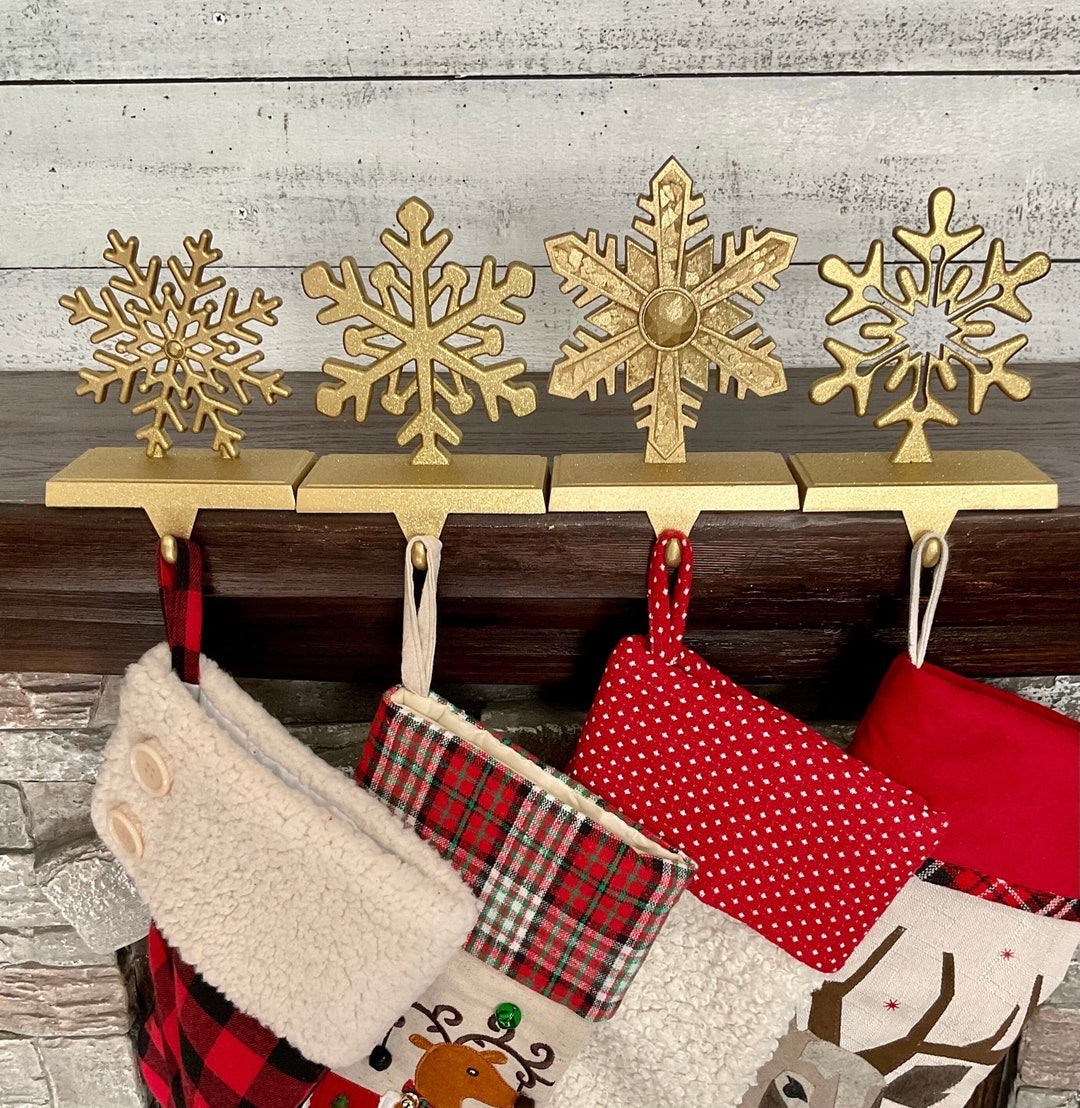 4 Mixed Shimmery Gold Snowflake Stocking Hangers, Metal Snowflake ...