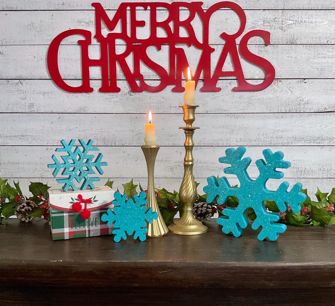 3 Glittery Turquoise Blue Snowflake Freestanding Shelf Sitters, Blue ...