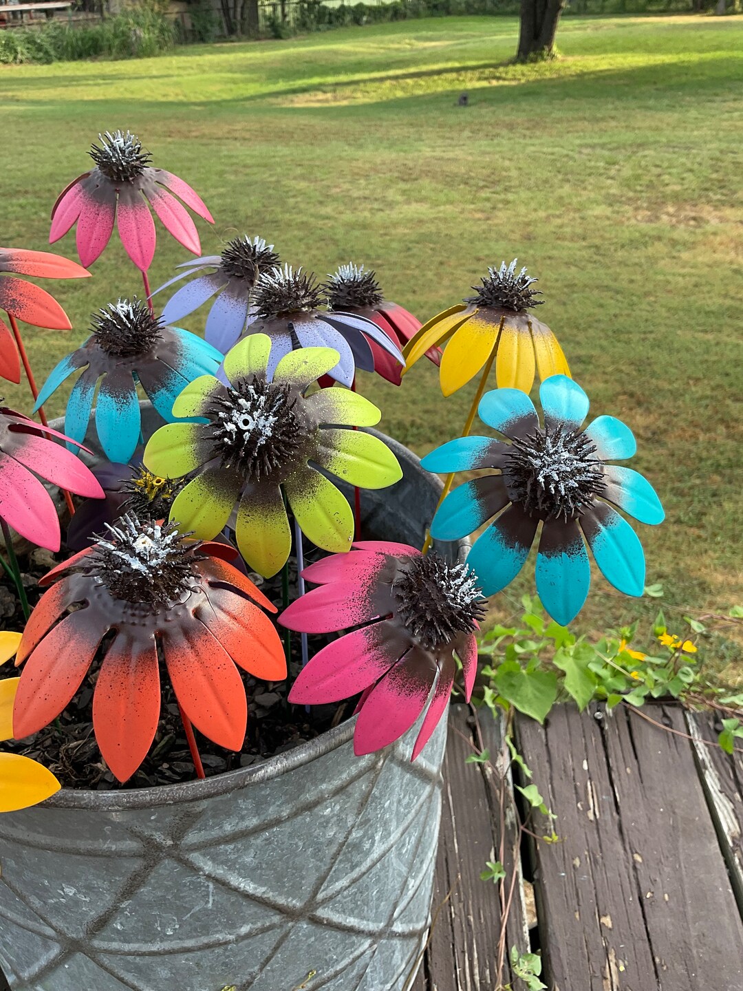 ONE 13" CONEFLOWER Assorted Colors Flower Pot Stake/blue Orange Red ...