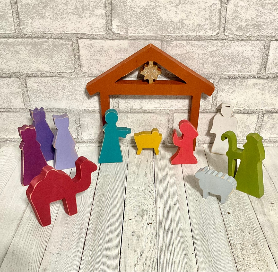 Children's Wooden Nativity Set 11 Pc Hand Painted - Kids Table Top ...