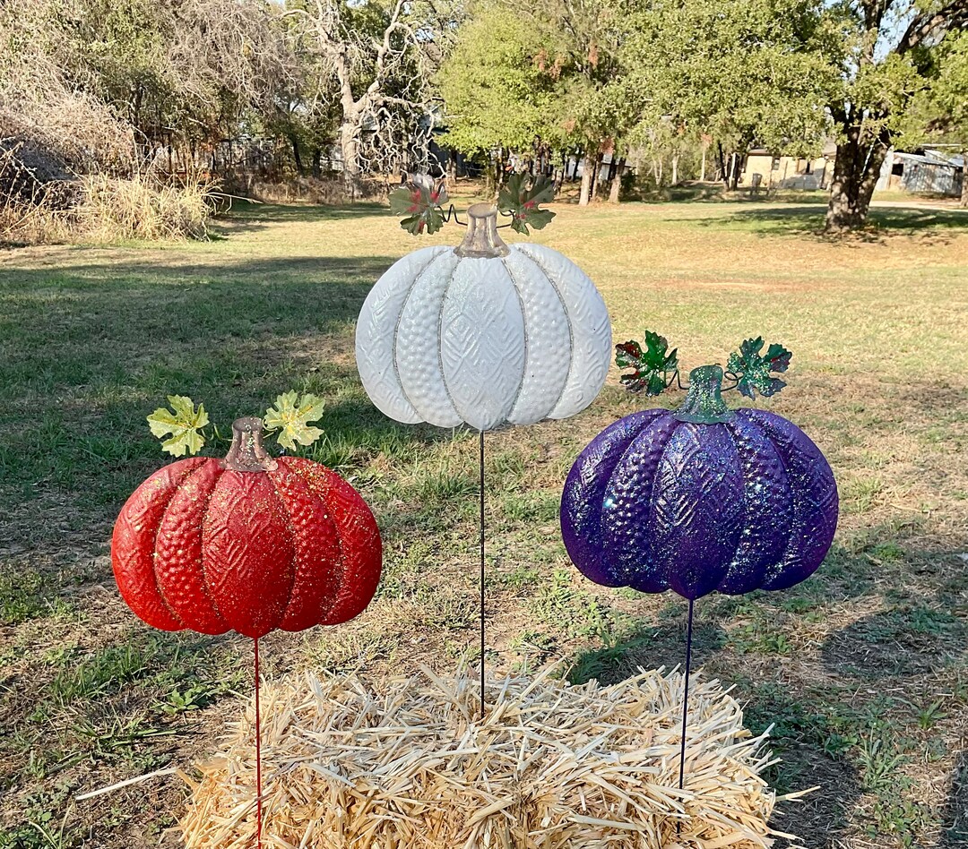 Set of 3 Glittery Pumpkin Garden Stakes 24x9, Paprika Purple White ...