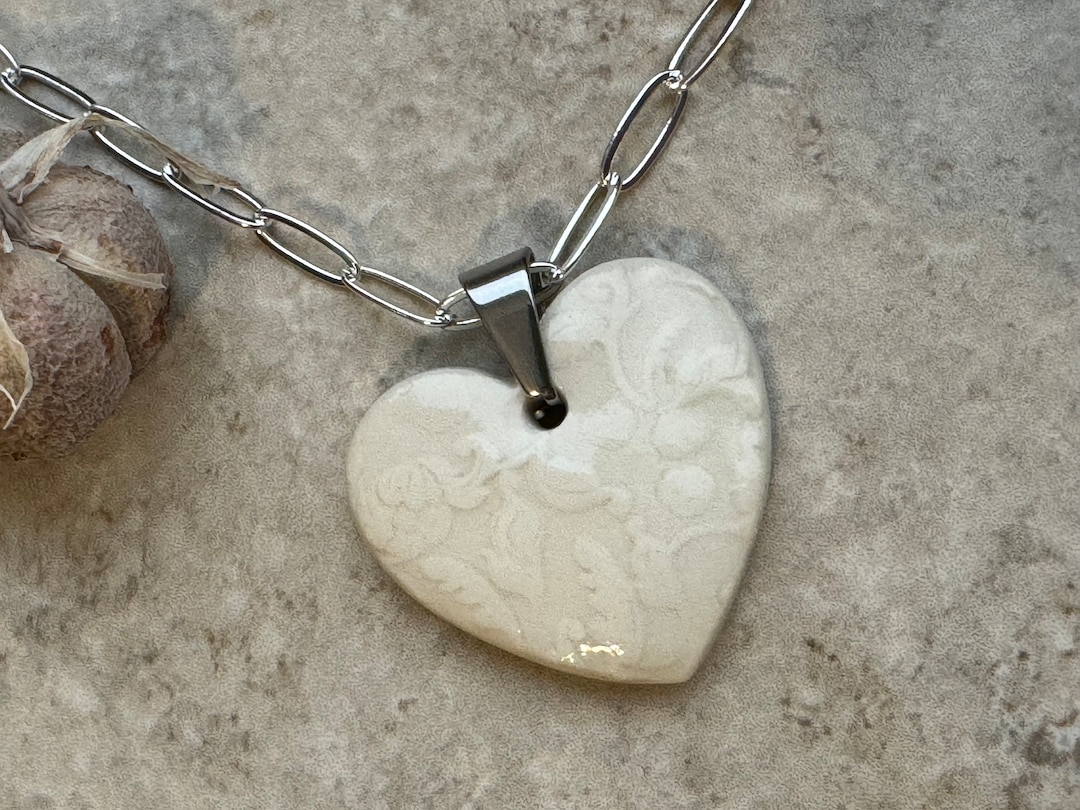 White Heart, Floral Heart, Heart Pendant, Porcelain Ceramic Pendant ...