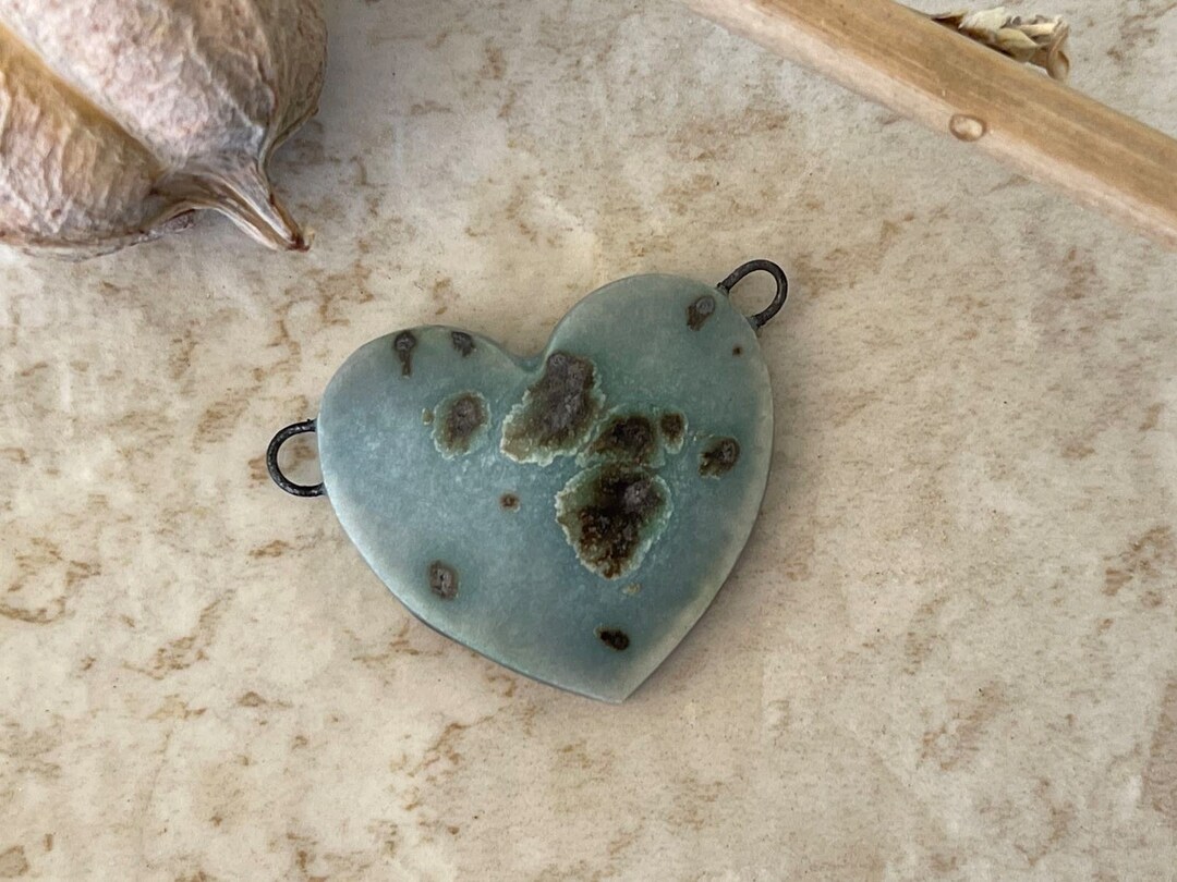 Blue Grey Heart With Dark Flecks, Double Wire Heart Pendant, Porcelain ...