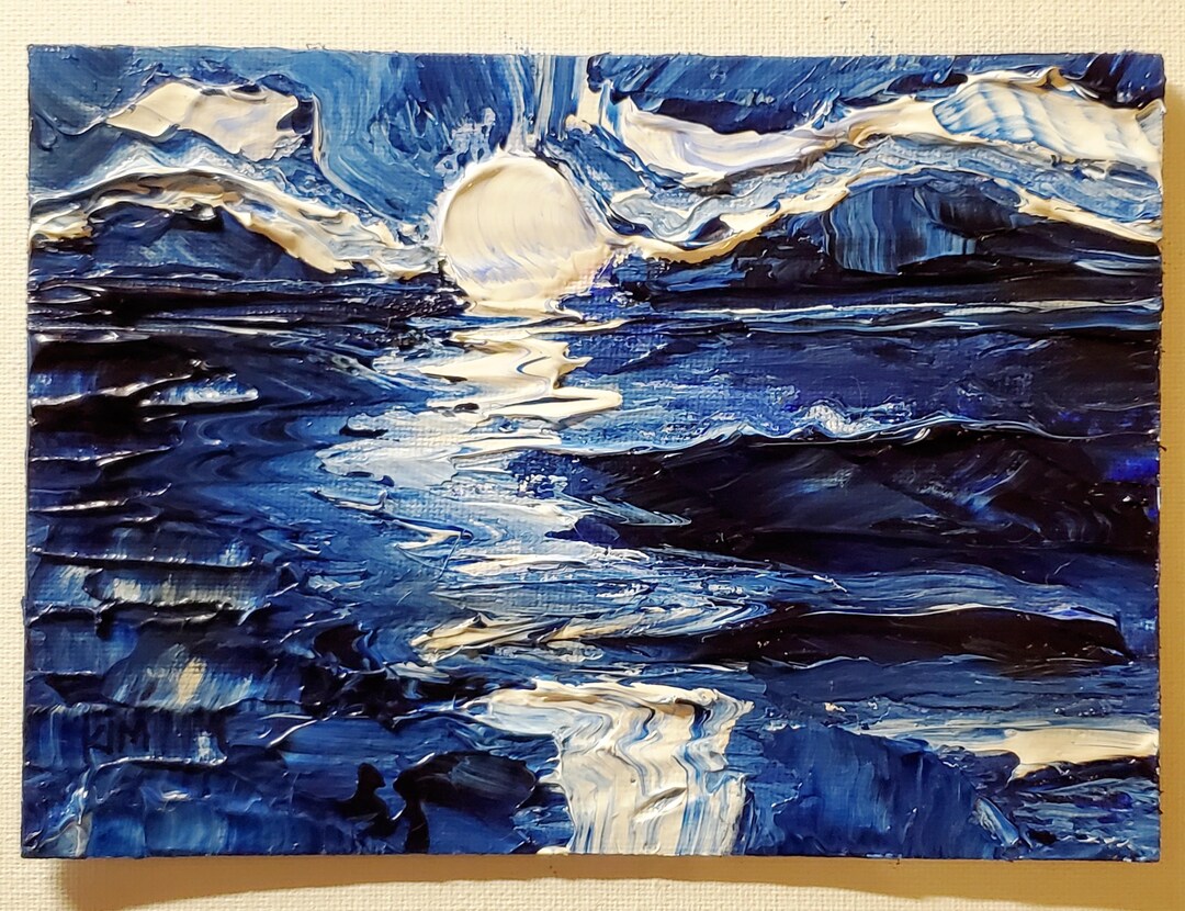 5"x7" NIGHT MOON 6 Kimartist Original Art Beach Bright Cloudy ...