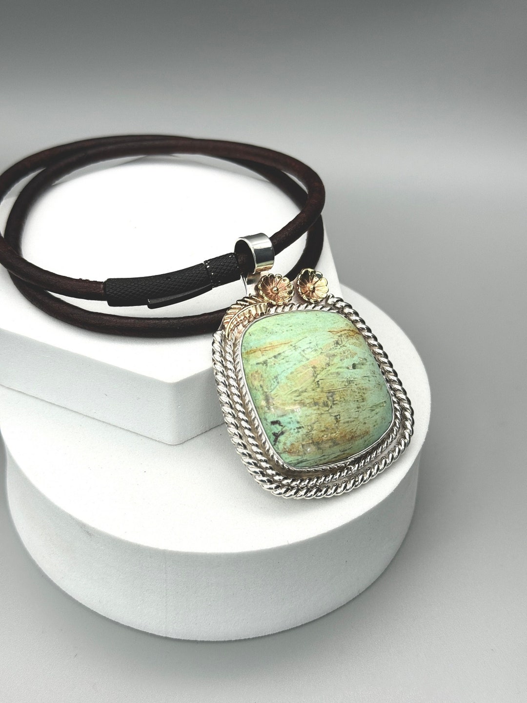 Peruvian Turquoise Pendant>double Wrapped>sterling/fine Silver Brass ...