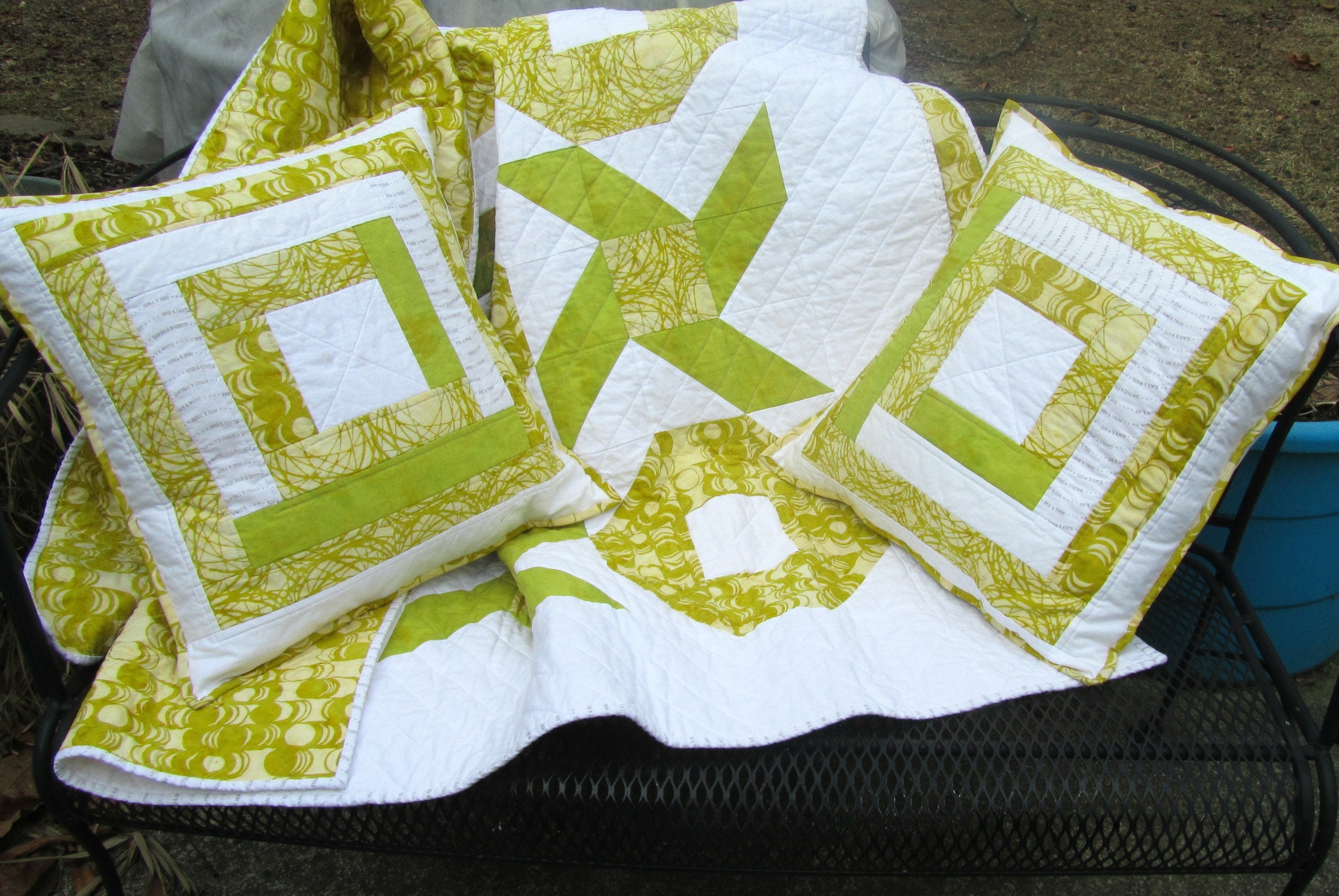 Chartreuse and White Modern Quilt, Throw, Green, Hugs and Kisses ...