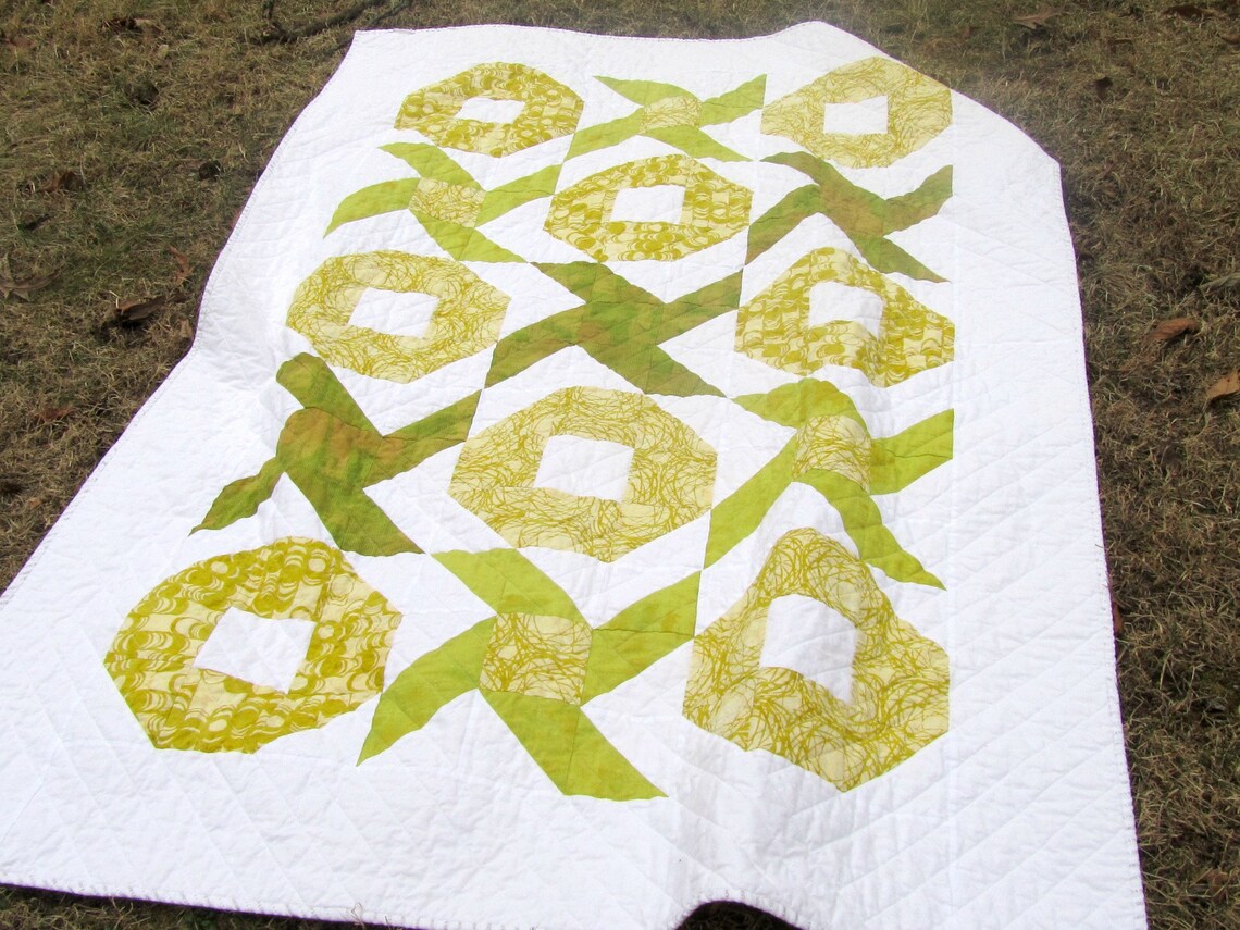 Chartreuse and White Modern Quilt, Throw, Green, Hugs and Kisses ...