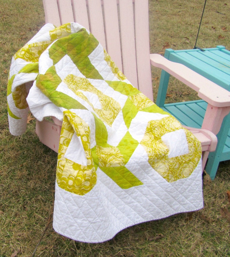 Chartreuse and White Modern Quilt, Throw, Green, Hugs and Kisses ...