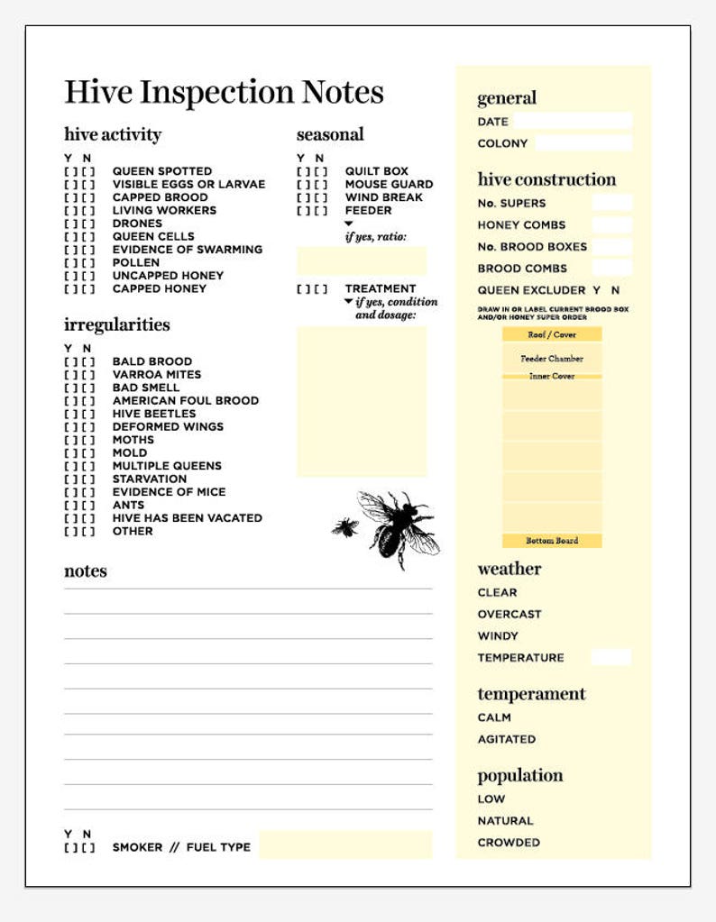 Honeybee Hive Health Record // Beehive Inspection Notes for Beekeepers ...
