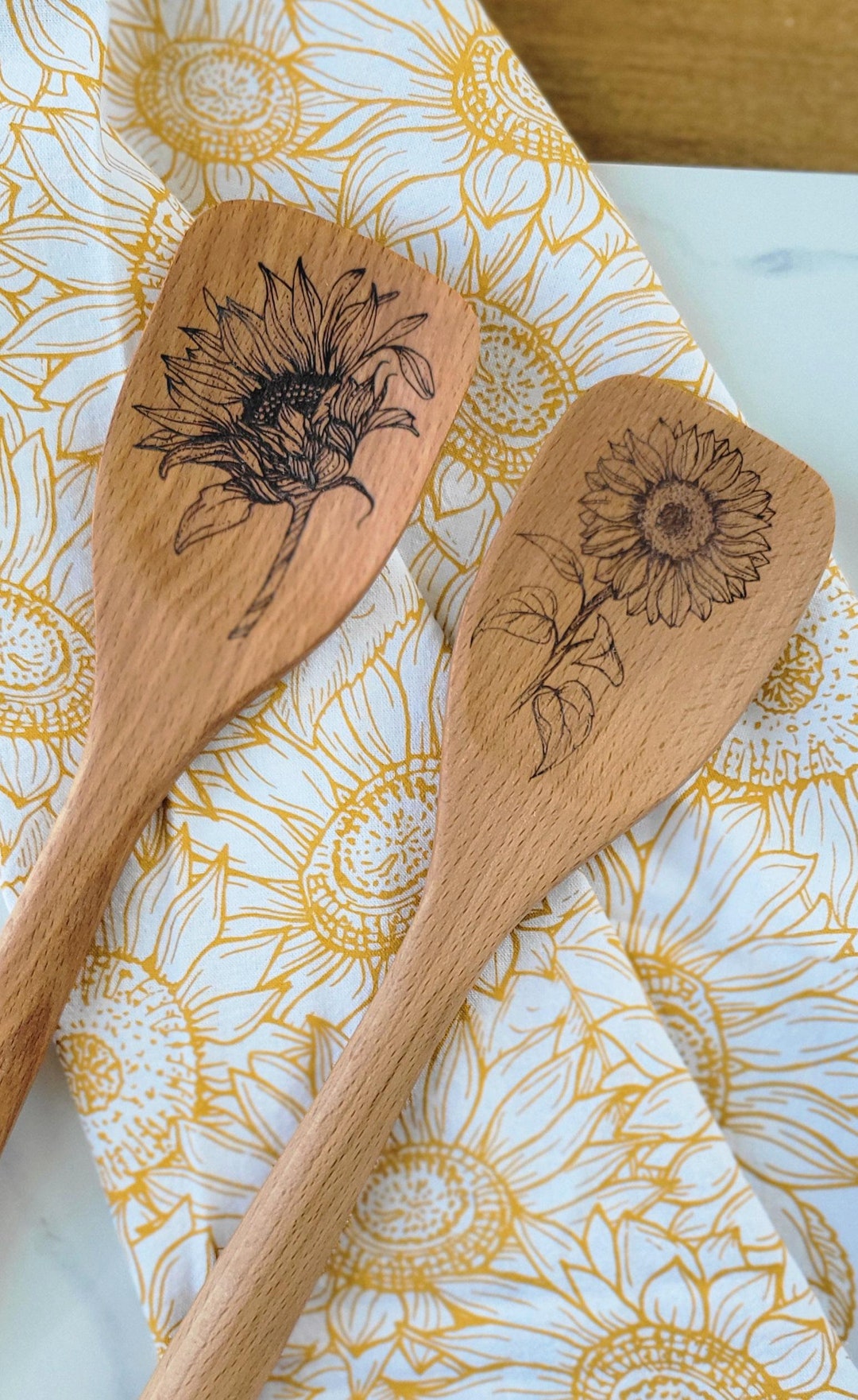 Sunflower Engraved Wood Spoon Sunflower Tea Towel Gift Set Wooden Spoon ...