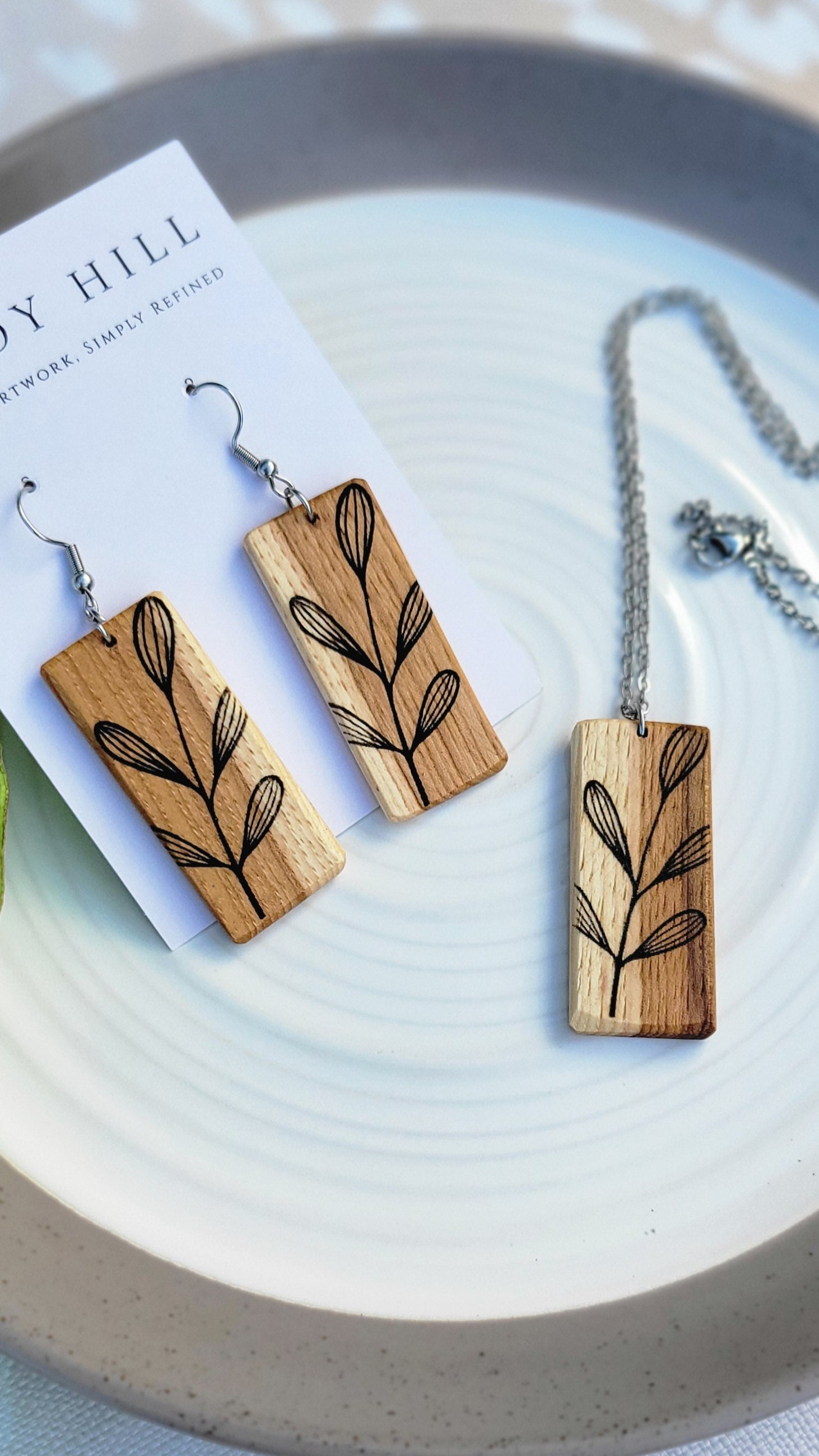 Wood Earrings Earthy Boho Jewelry Minimalist Jewelry Leaf Engraved ...