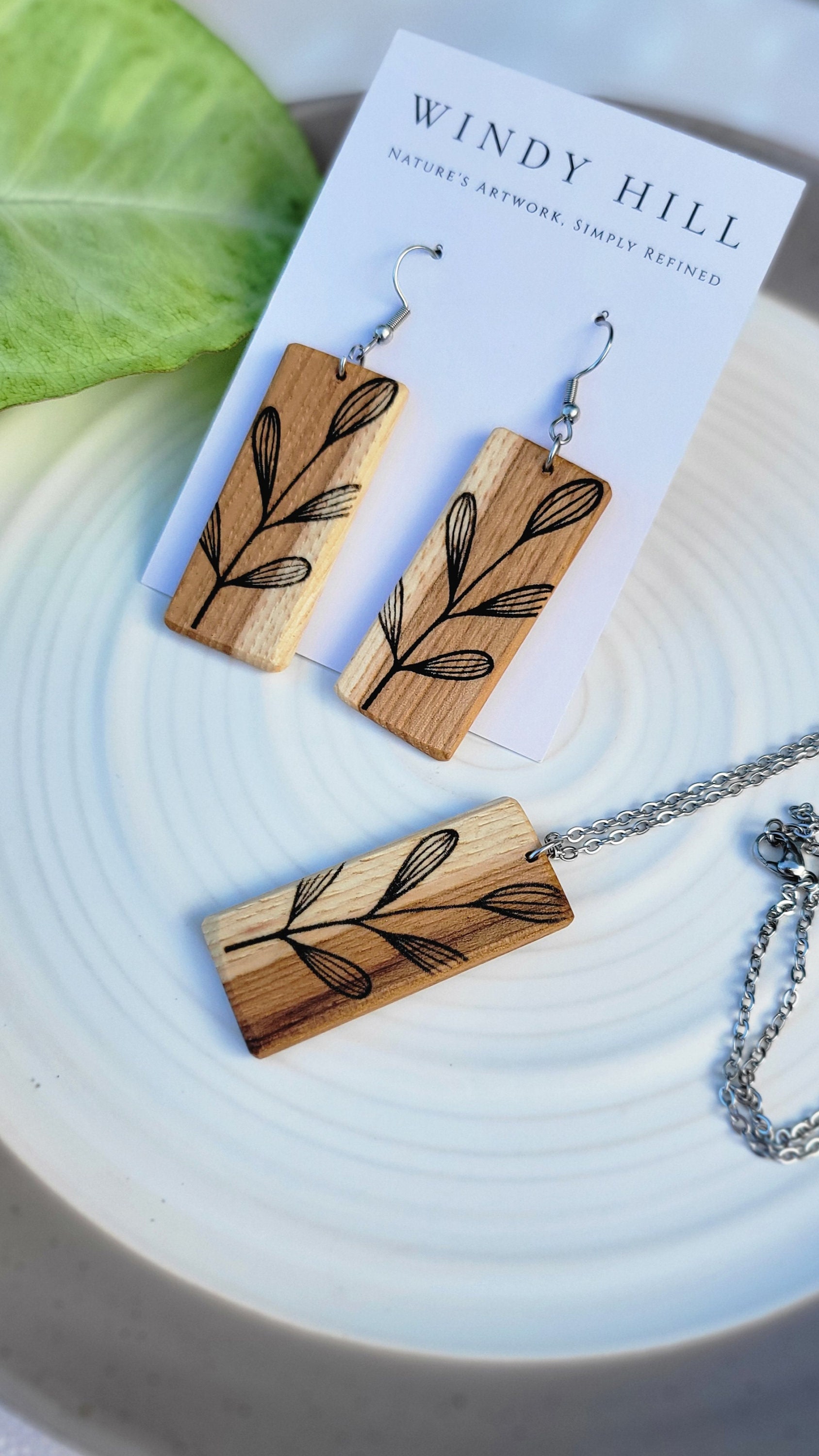 Wood Earrings Earthy Boho Jewelry Minimalist Jewelry Leaf Engraved ...