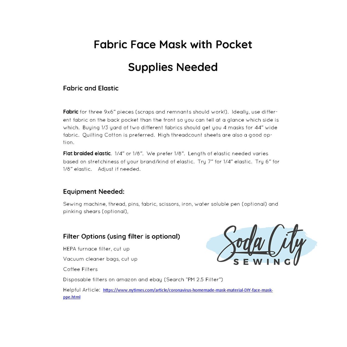 Printable PATTERN Face Mask PDF Pattern to Sew Easy DIY | Etsy