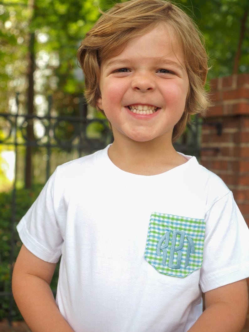 Personalized Pocket T-shirt for Boys - Blue Green Gingham Monogrammed ...