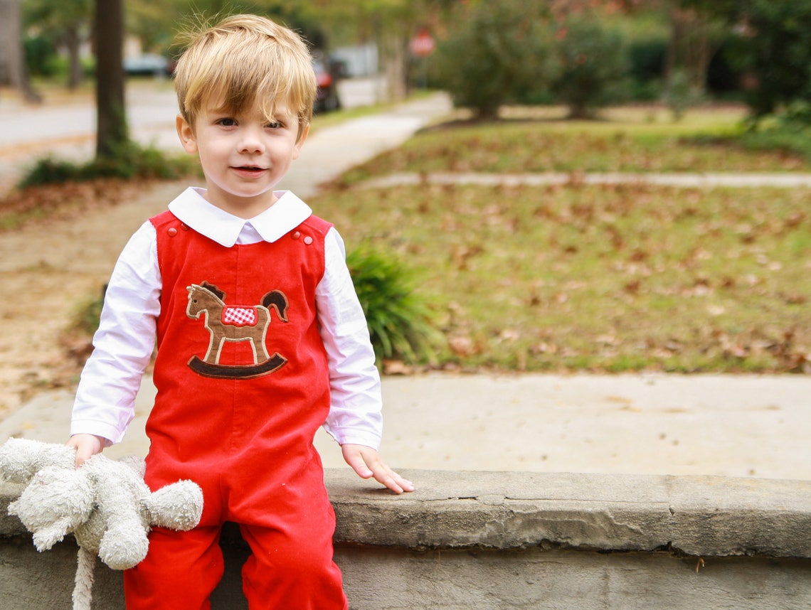 Red Corduroy Christmas Overalls Rocking Horse Applique - Etsy