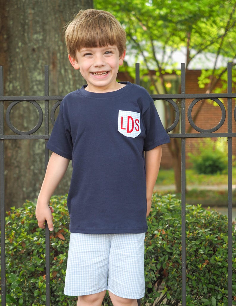 Navy Boys Monogrammed Pocket Shirt Outfit- Navy Pocket Shirt With Light ...