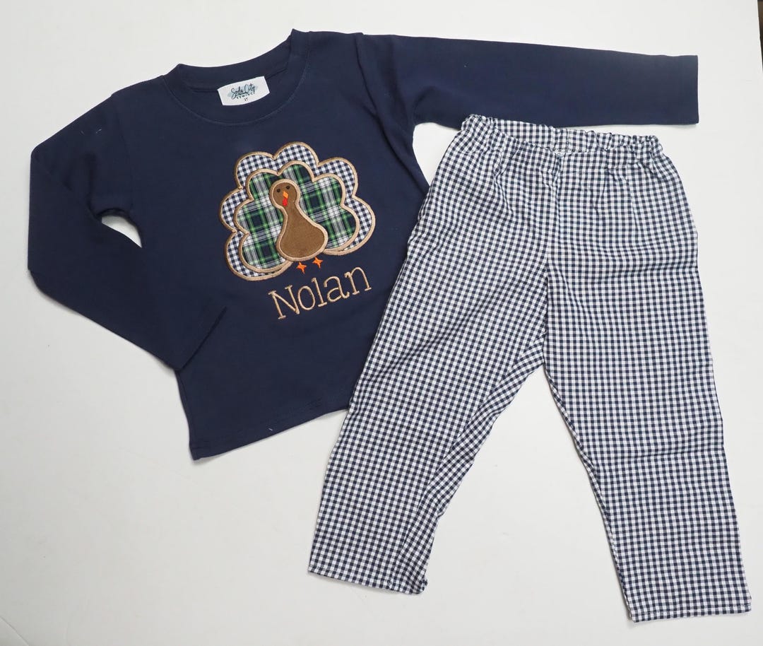 Thanksgiving Outfit for Boys - Navy Gingham Pants - Fall Boys Outfit ...