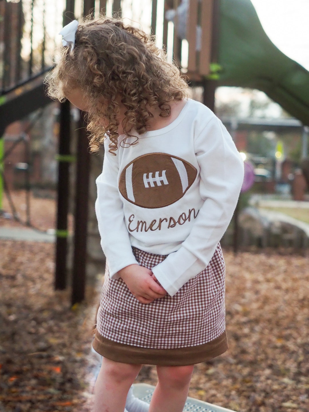 Girls Football Personalized, Appliqued Tee With Matching Brown Gingham ...