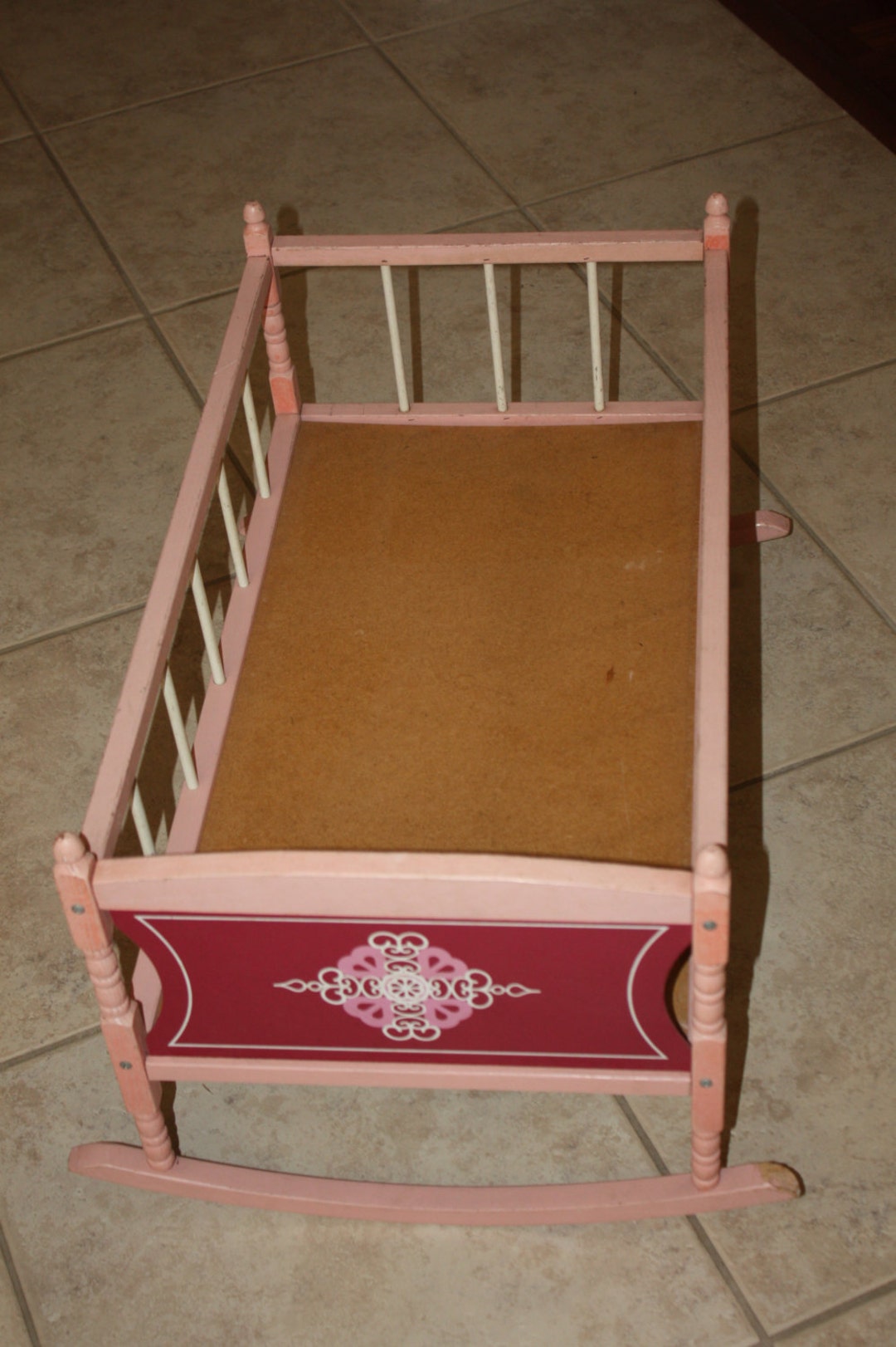 Vintage Large Pink Shabby Doll Cradle W/ Original Paint/doll Rocking Bed/toy Cradle/chippy Pink ...